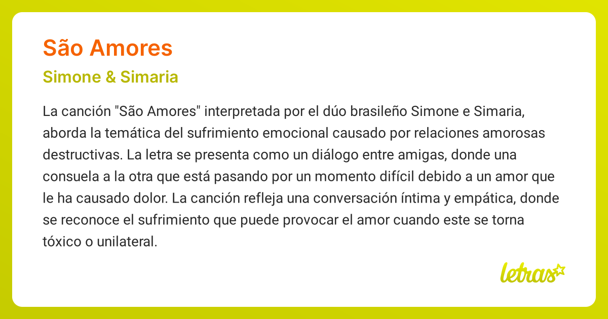Significado de la canción SÃO AMORES (Simone & Simaria) - LETRAS.COM