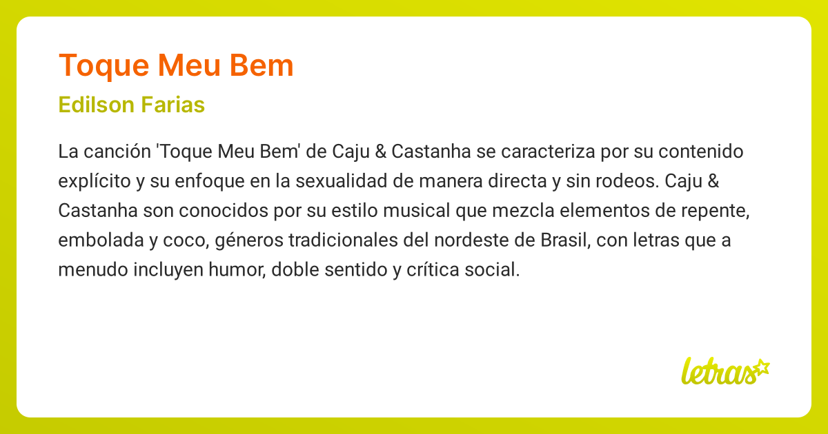 Significado de la canción TOQUE MEU BEM (Edilson Farias) - LETRAS.COM
