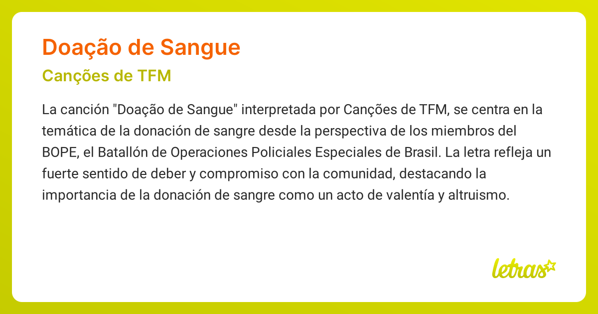 Significado de la canción DOAÇÃO DE SANGUE (Canções de TFM) - LETRAS.COM