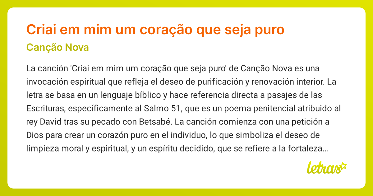 Significado de la canción Criai em mim um coração que seja puro (Canção ...
