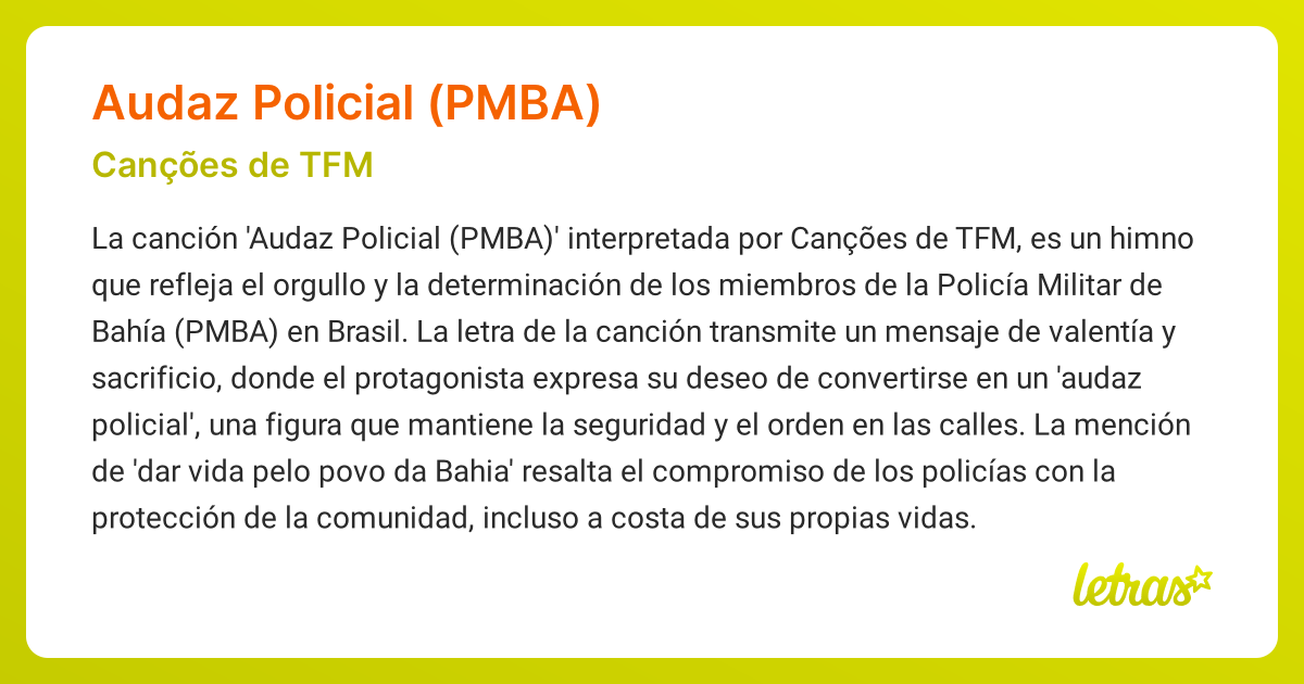 Significado de la canción AUDAZ POLICIAL (PMBA) (Canções de TFM ...