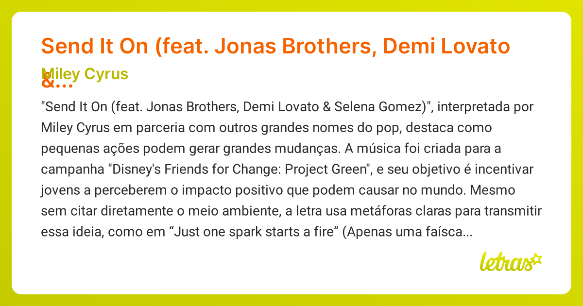 Significado da música Send It On (feat. Jonas Brothers, Demi Lovato ...
