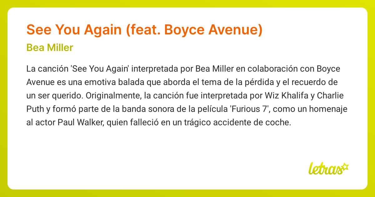 Significado de la canción See You Again (feat. Boyce Avenue) (Bea ...