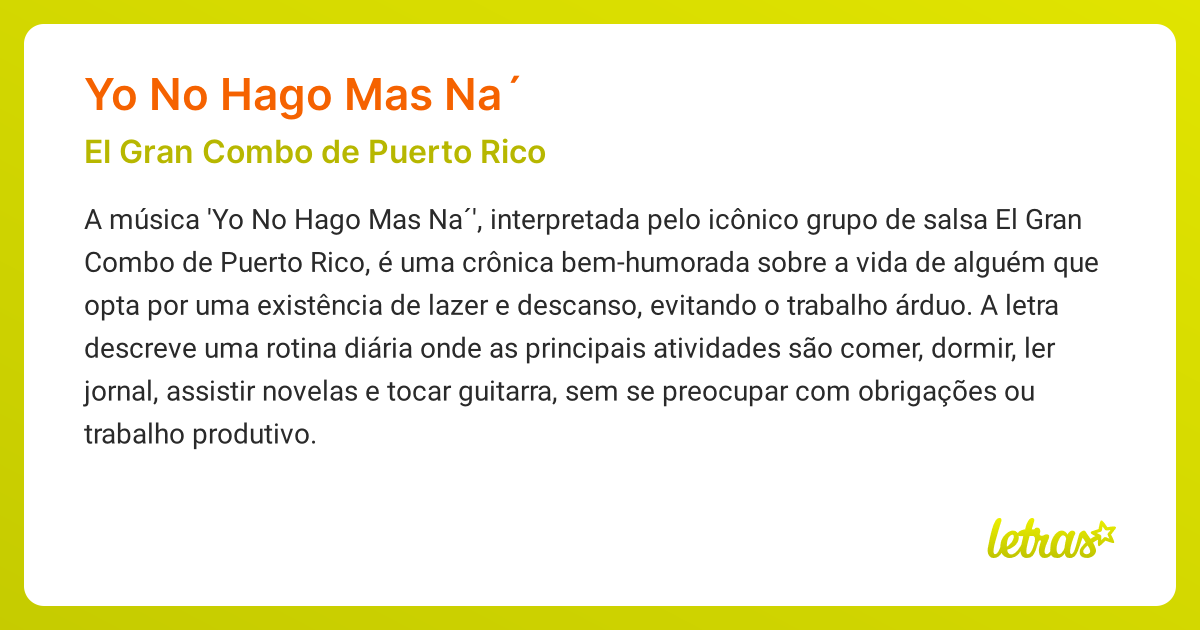 Significado da música YO NO HAGO MAS NA´ (El Gran Combo de Puerto Rico ...