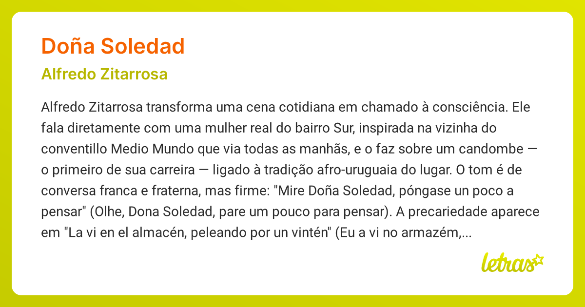 Significado da música DOÑA SOLEDAD (Alfredo Zitarrosa) - LETRAS.MUS.BR