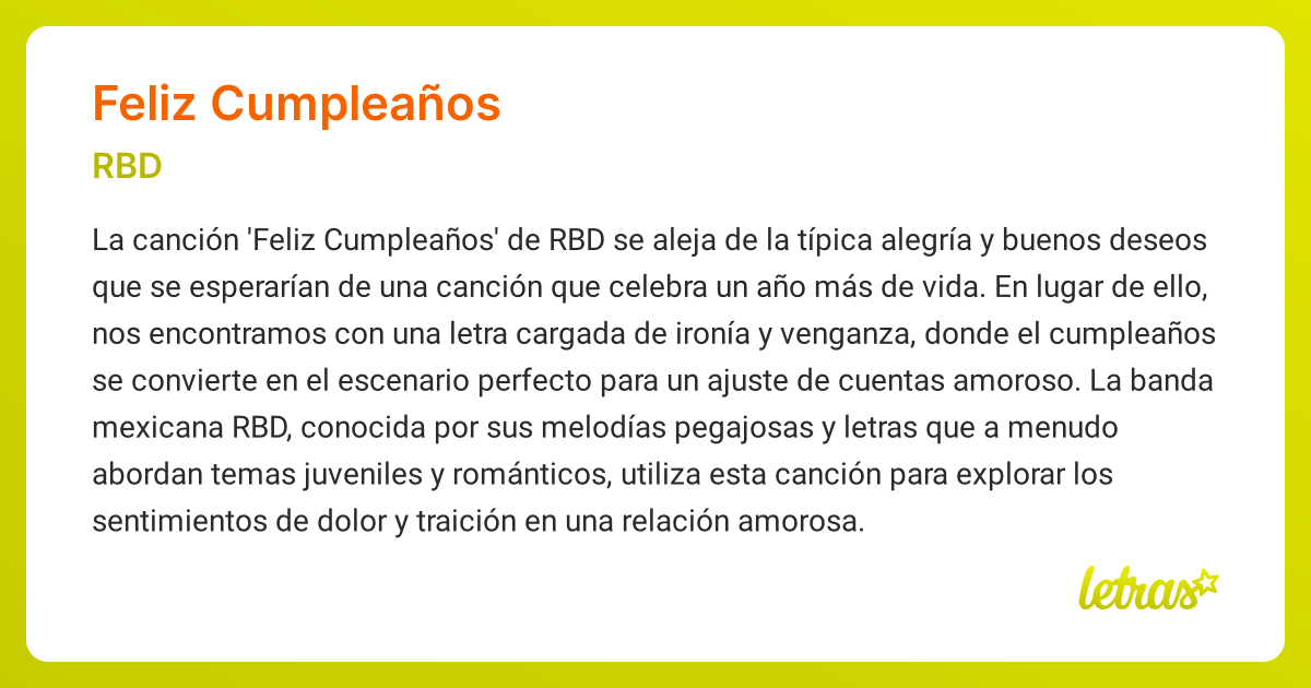 Significado de la canción FELIZ CUMPLEAÑOS (RBD) - LETRAS.COM