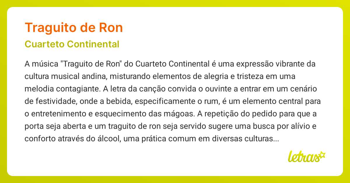 Significado da música TRAGUITO DE RON (Cuarteto Continental) - LETRAS ...
