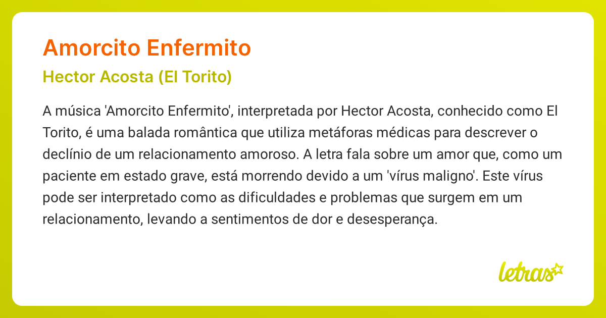 Significado da música AMORCITO ENFERMITO (Hector Acosta (El Torito ...