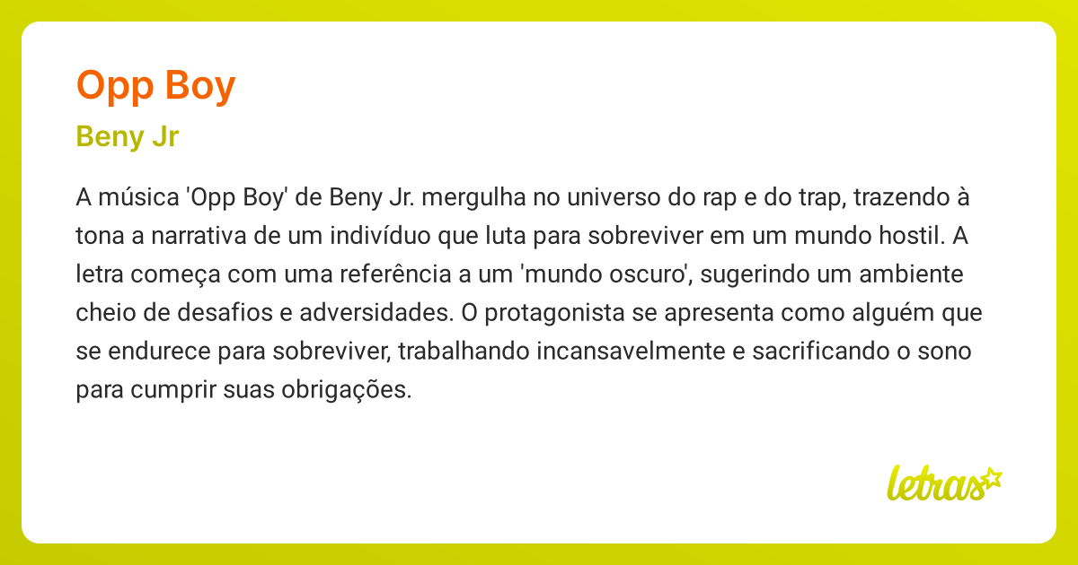 Significado da música OPP BOY (Beny Jr) - LETRAS.MUS.BR