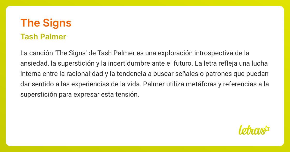 Significado de la canción THE SIGNS (Tash Palmer) - LETRAS.COM