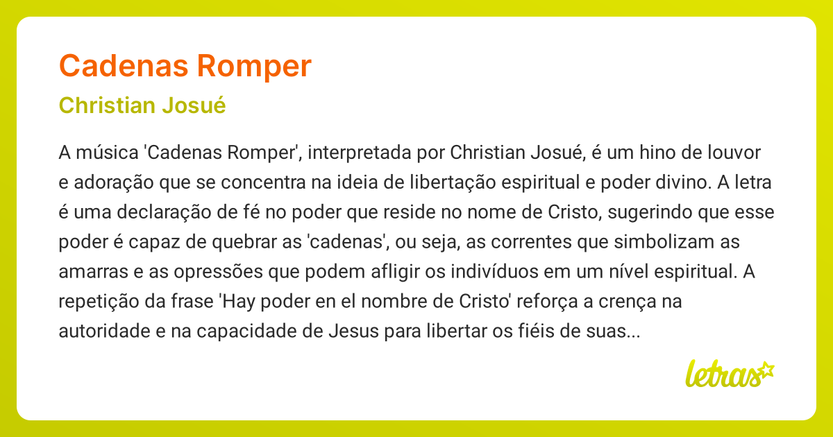 Significado da música CADENAS ROMPER (Christian Josué) - LETRAS.MUS.BR