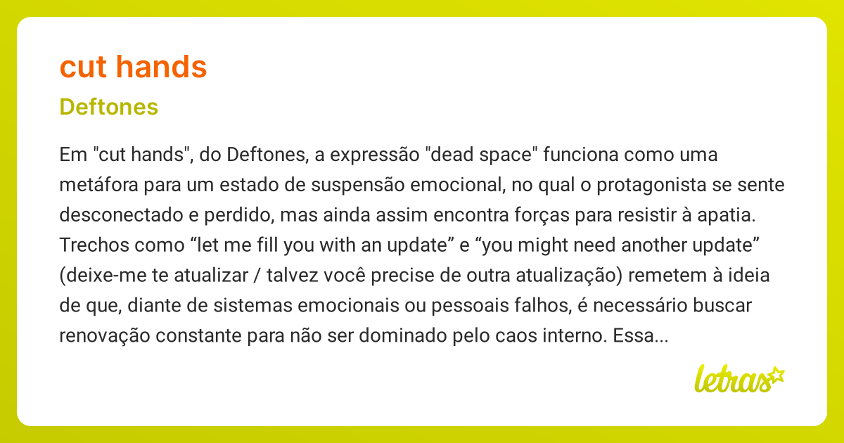 Significado da música CUT HANDS (Deftones) - LETRAS.MUS.BR