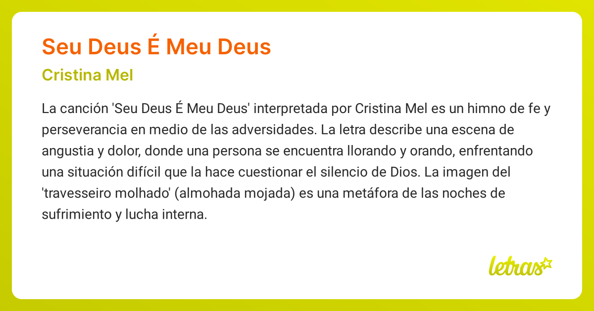 Significado de la canción SEU DEUS É MEU DEUS (Cristina Mel) - LETRAS.COM