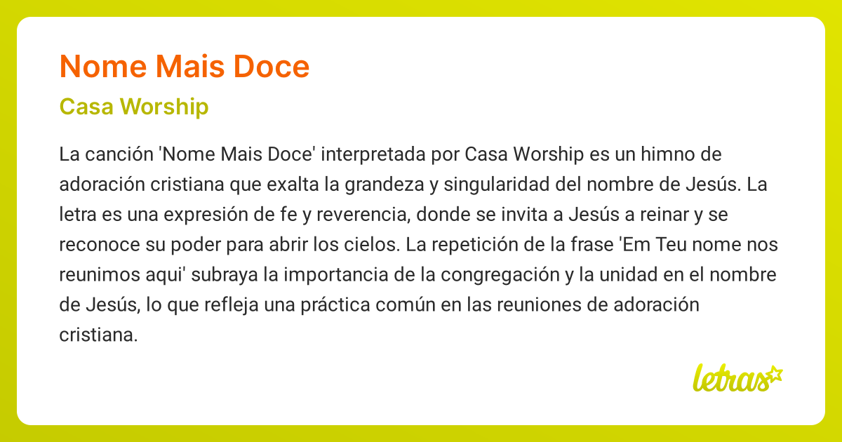 Significado de la canción NOME MAIS DOCE (Casa Worship) - LETRAS.COM