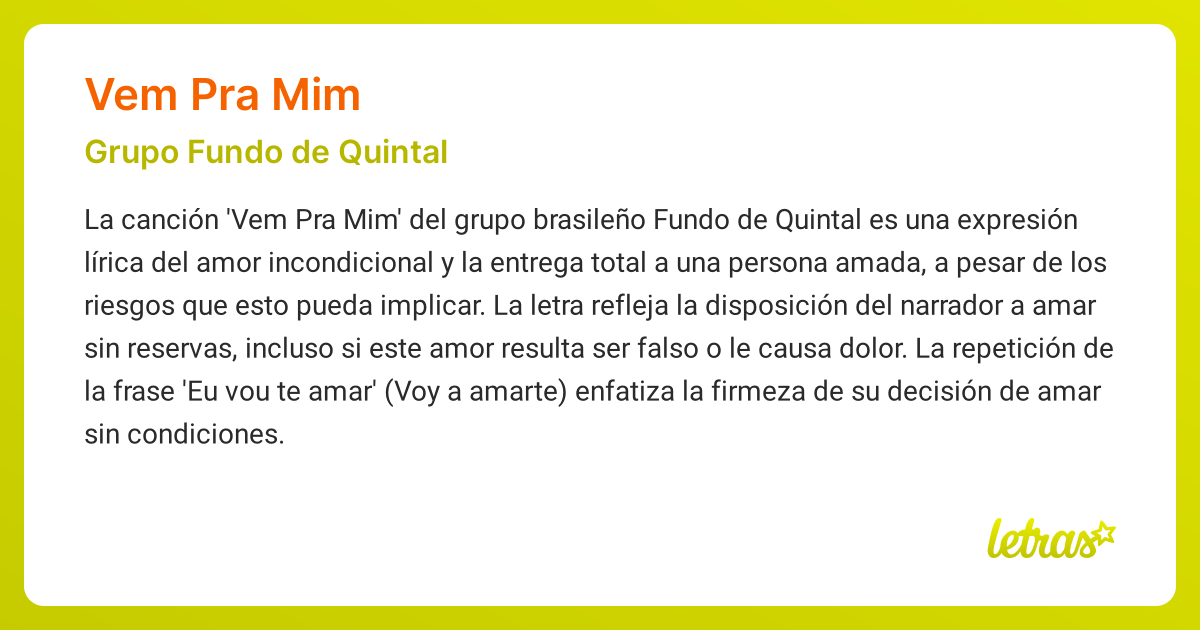 Significado de la canción VEM PRA MIM (Fundo de Quintal) - LETRAS.COM