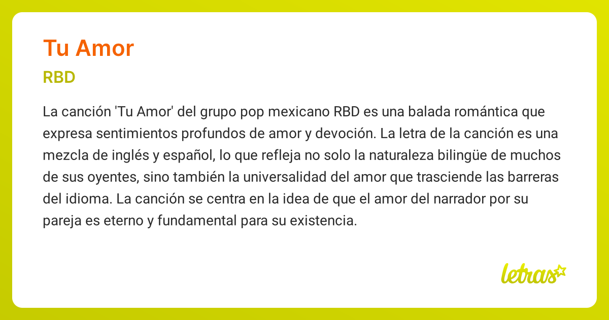 Significado de la canción TU AMOR (RBD) - LETRAS.COM