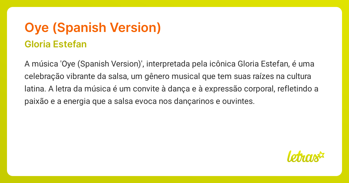 Significado da música OYE (SPANISH VERSION) (Gloria Estefan) - LETRAS ...