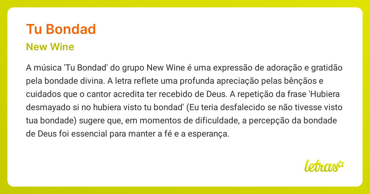 Significado da música TU BONDAD (New Wine) - LETRAS.MUS.BR