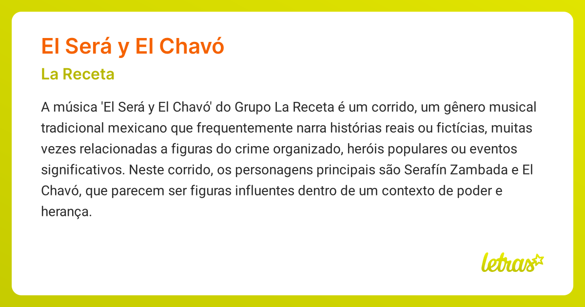 Significado da música EL SERÁ Y EL CHAVÓ (La Receta) - LETRAS.MUS.BR