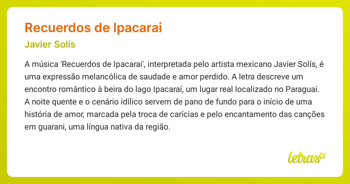 Significado da música RECUERDOS DE IPACARAI (Javier Solís) - LETRAS.MUS.BR
