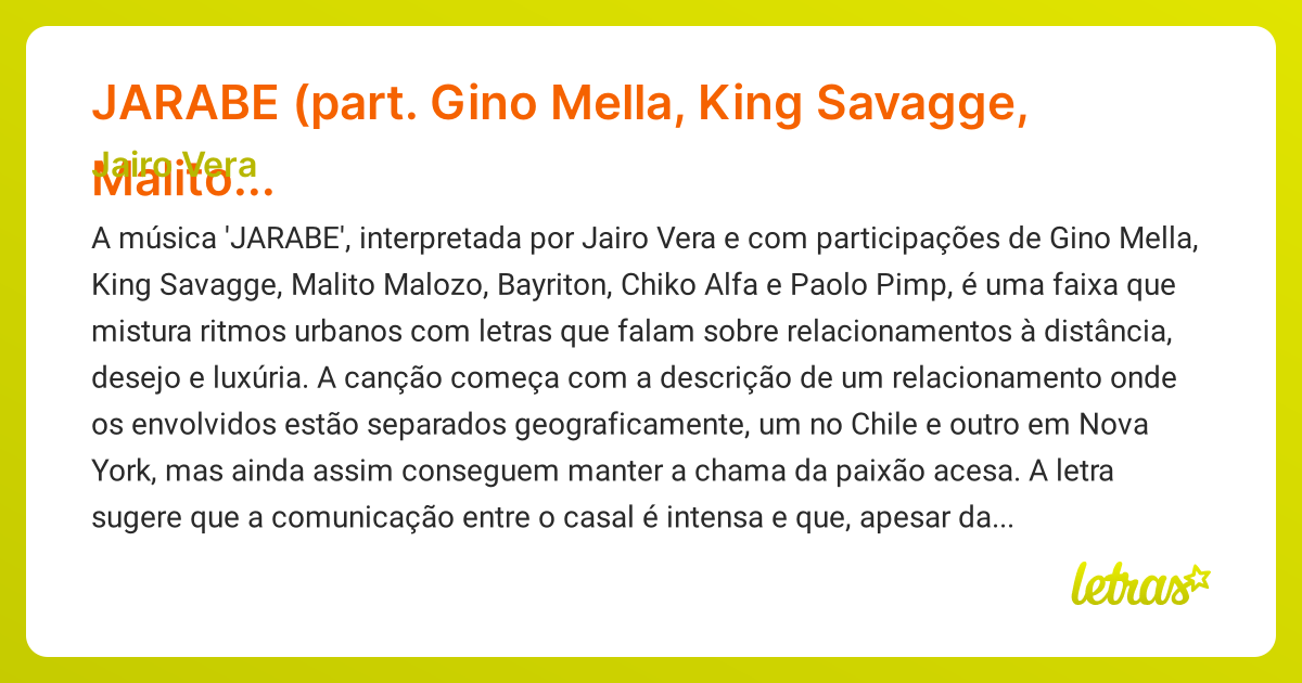 Significado da música JARABE (part. Gino Mella, King Savagge, Malito ...