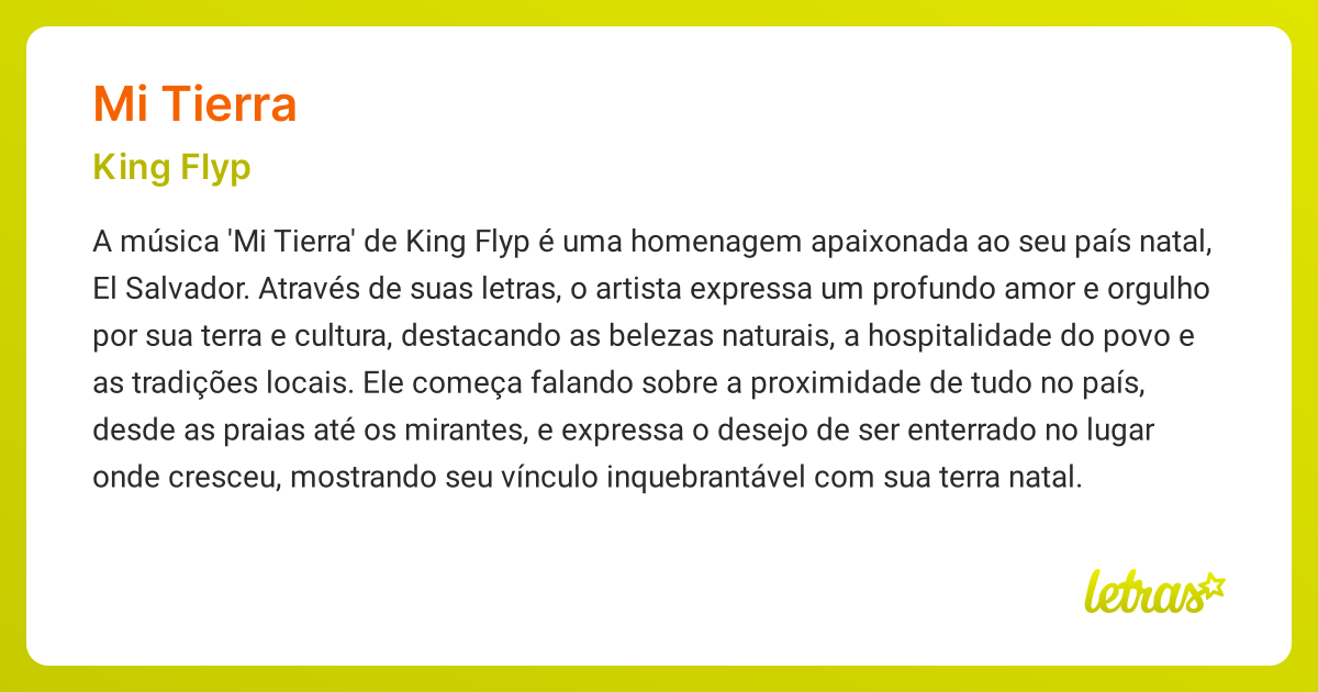 Significado da música MI TIERRA (King Flyp) - LETRAS.MUS.BR