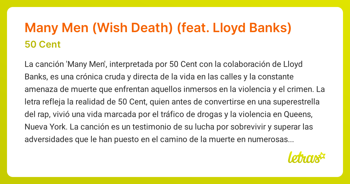Significado de la canción Many Men (Wish Death) (feat. Lloyd Banks) (50 ...