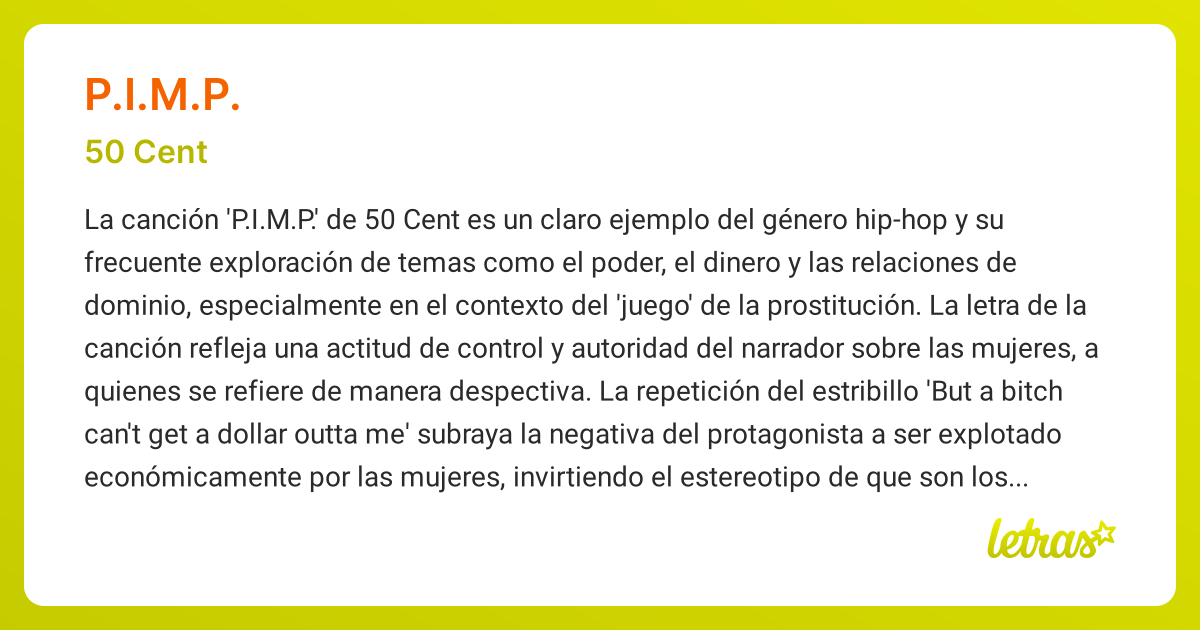 Significado de la canción P.I.M.P. (50 Cent) - LETRAS.COM