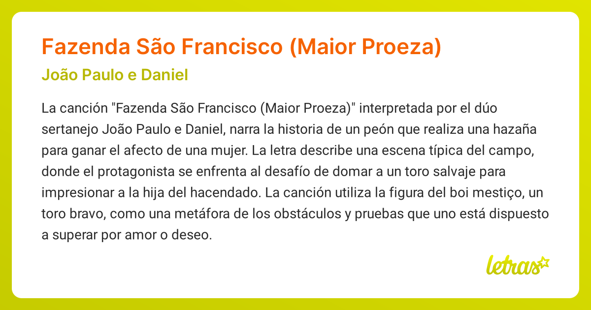 Significado de la canción Fazenda São Francisco (Maior Proeza) (João ...