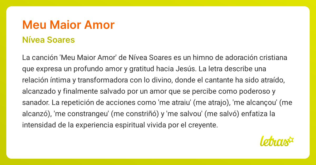 Significado de la canción MEU MAIOR AMOR (Nívea Soares) - LETRAS.COM