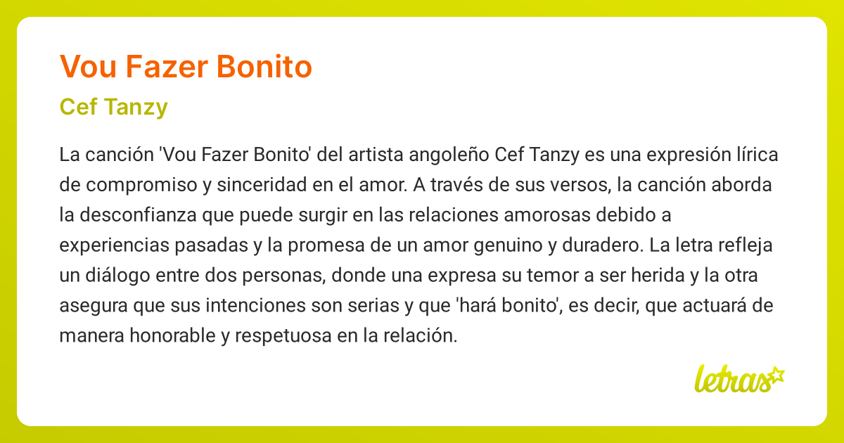 Significado de la canción VOU FAZER BONITO (Cef Tanzy) - LETRAS.COM