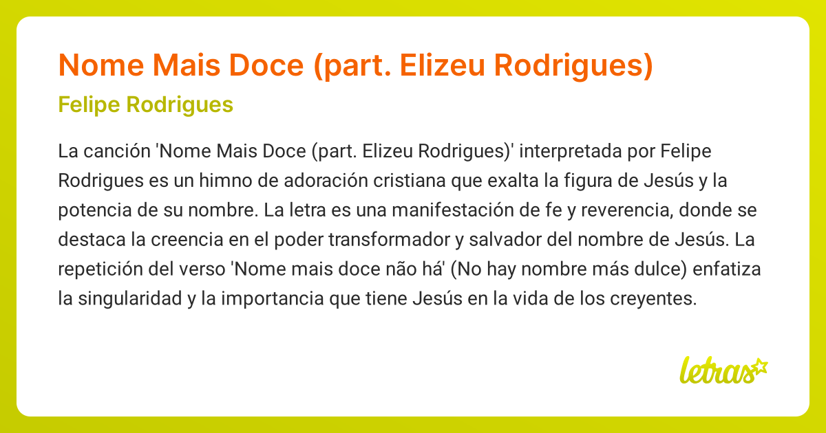 Significado de la canción Nome Mais Doce (part. Elizeu Rodrigues ...