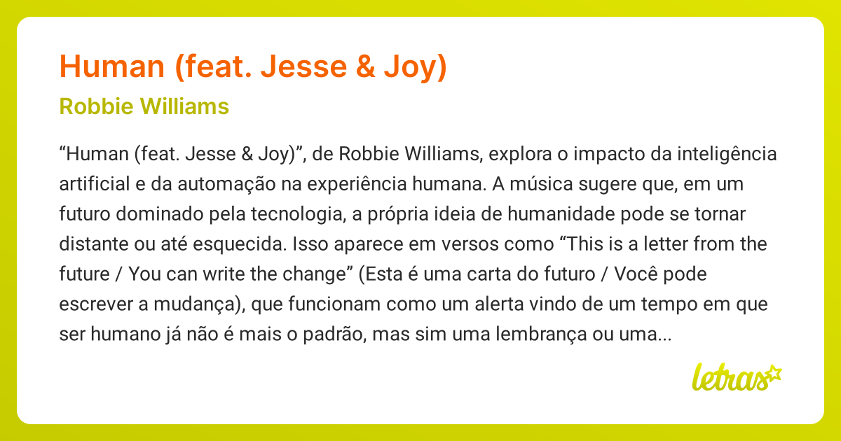 Significado da música HUMAN (FEAT. JESSE & JOY) (Robbie Williams ...