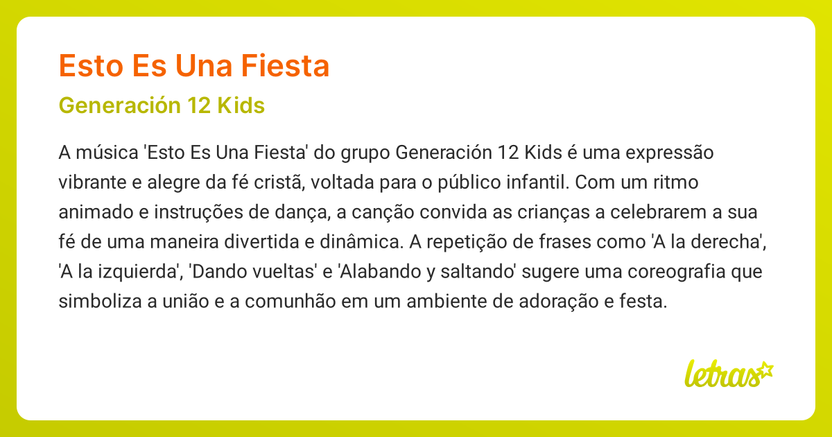 Significado da música ESTO ES UNA FIESTA (Generación 12 Kids) - LETRAS ...