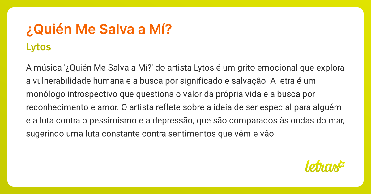 Significado da música ¿QUIÉN ME SALVA A MÍ? (Lytos) - LETRAS.MUS.BR