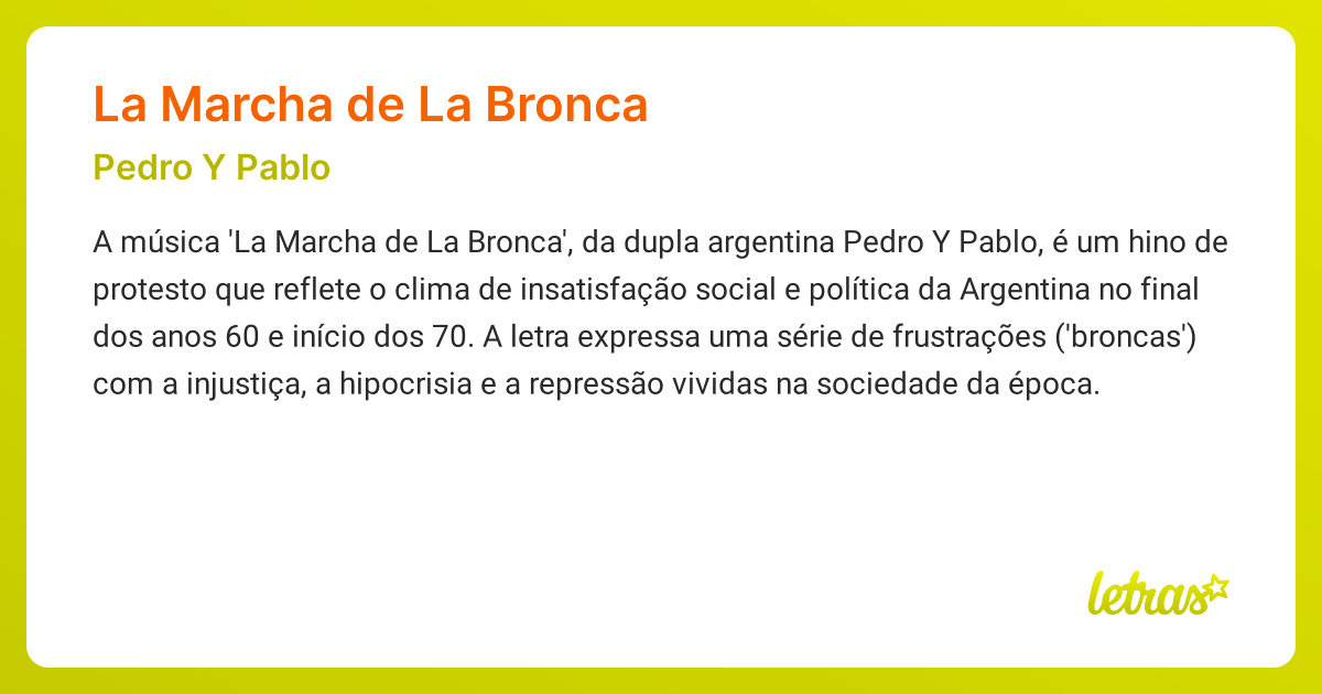 Significado da música LA MARCHA DE LA BRONCA (Pedro Y Pablo) - LETRAS ...