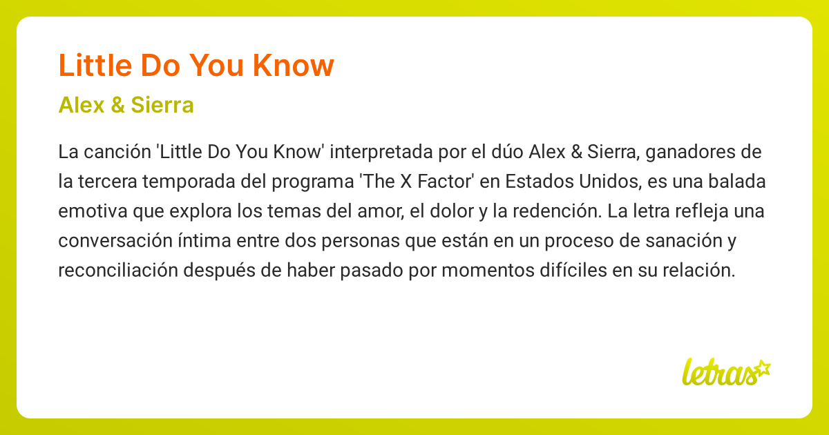 Significado de la canción LITTLE DO YOU KNOW (Alex & Sierra) - LETRAS.COM