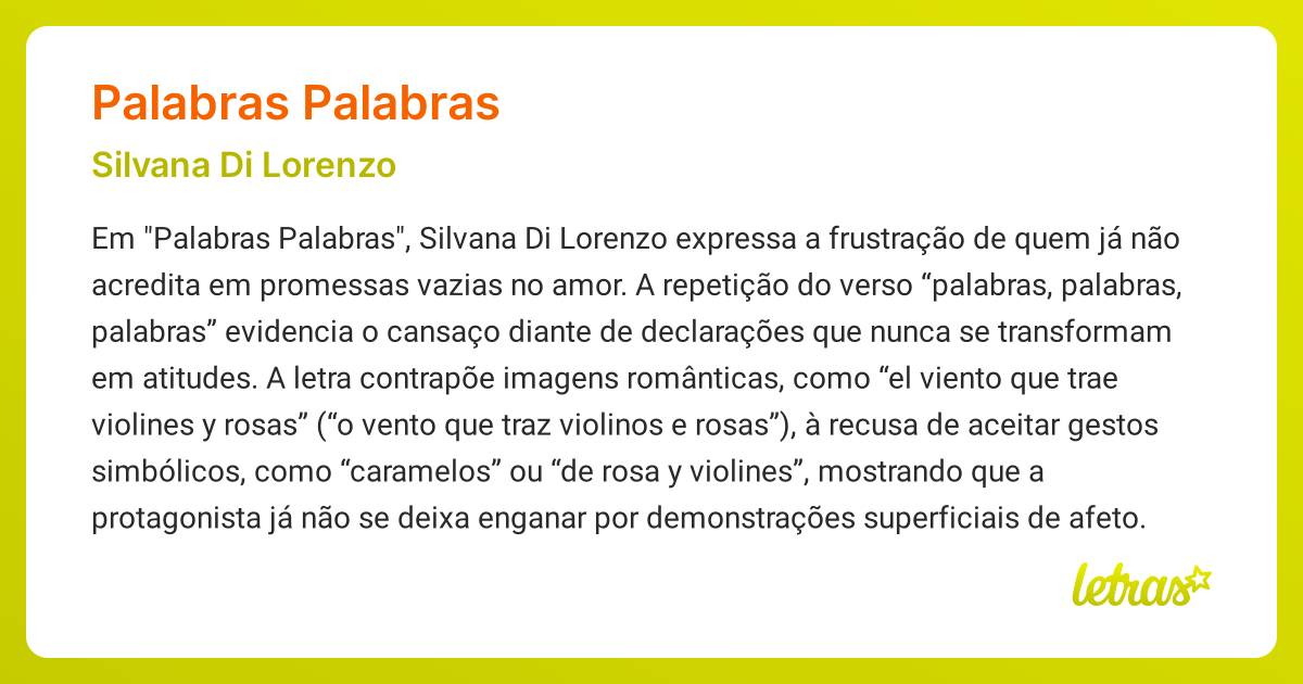 Significado da música PALABRAS PALABRAS (Silvana Di Lorenzo) - LETRAS ...