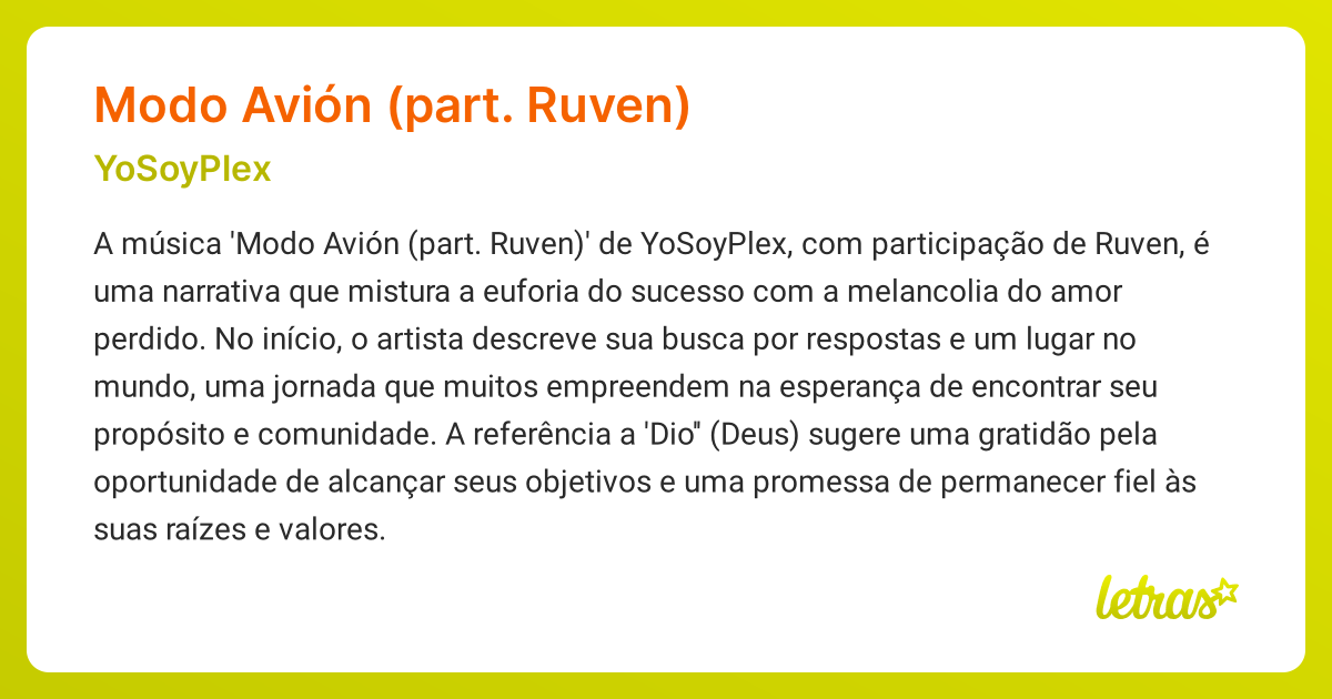 Significado da música MODO AVIÓN (PART. RUVEN) (YoSoyPlex) - LETRAS.MUS.BR