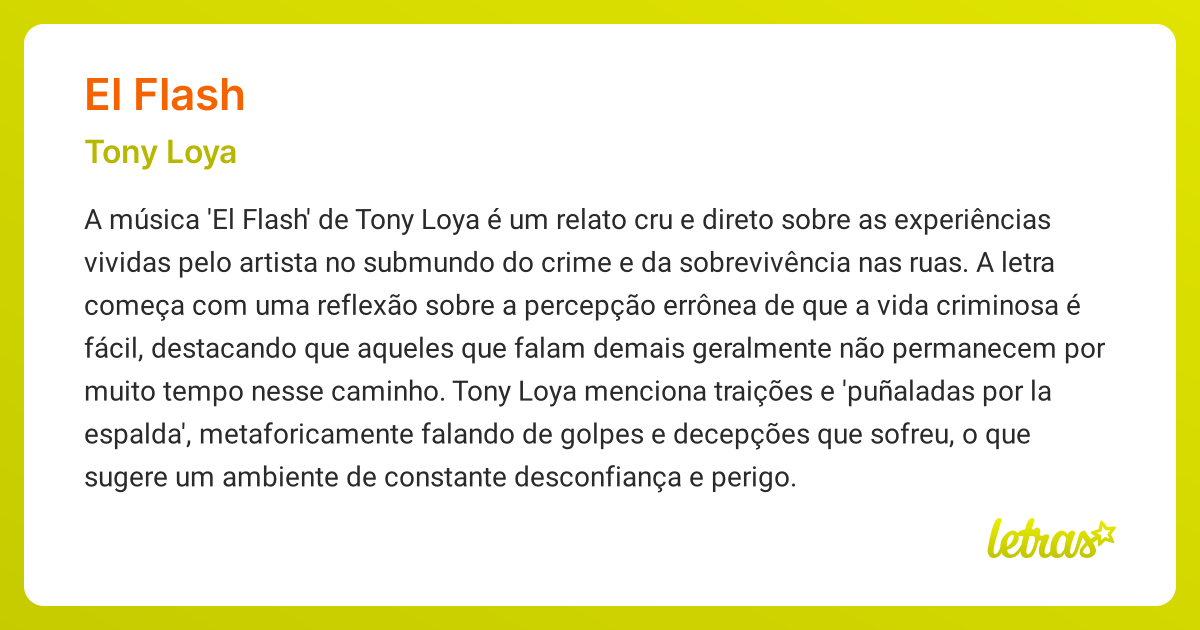 Significado da música EL FLASH (Tony Loya) - LETRAS.MUS.BR