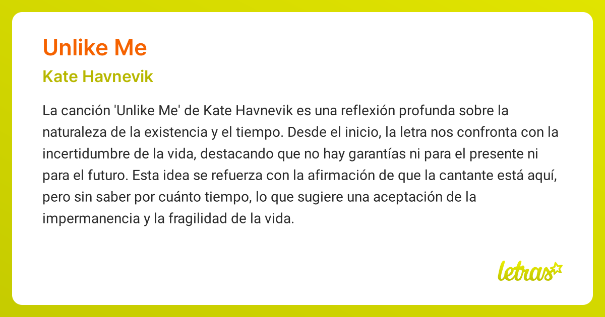 Significado de la canción UNLIKE ME (Kate Havnevik) - LETRAS.COM