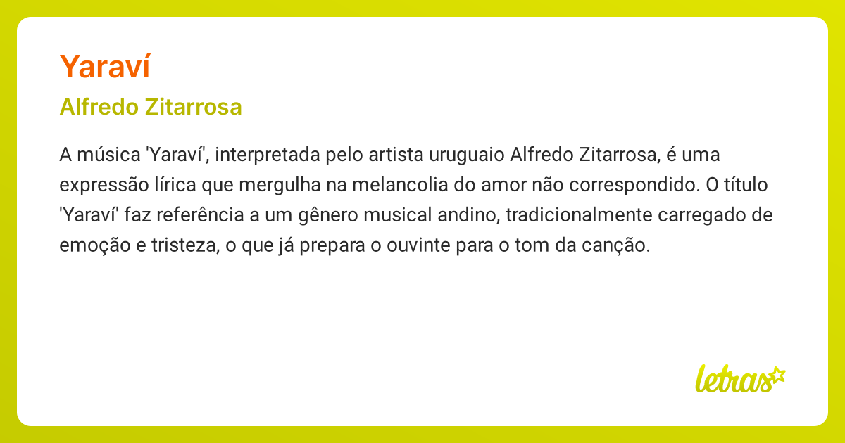 Significado da música YARAVÍ (Alfredo Zitarrosa) - LETRAS.MUS.BR