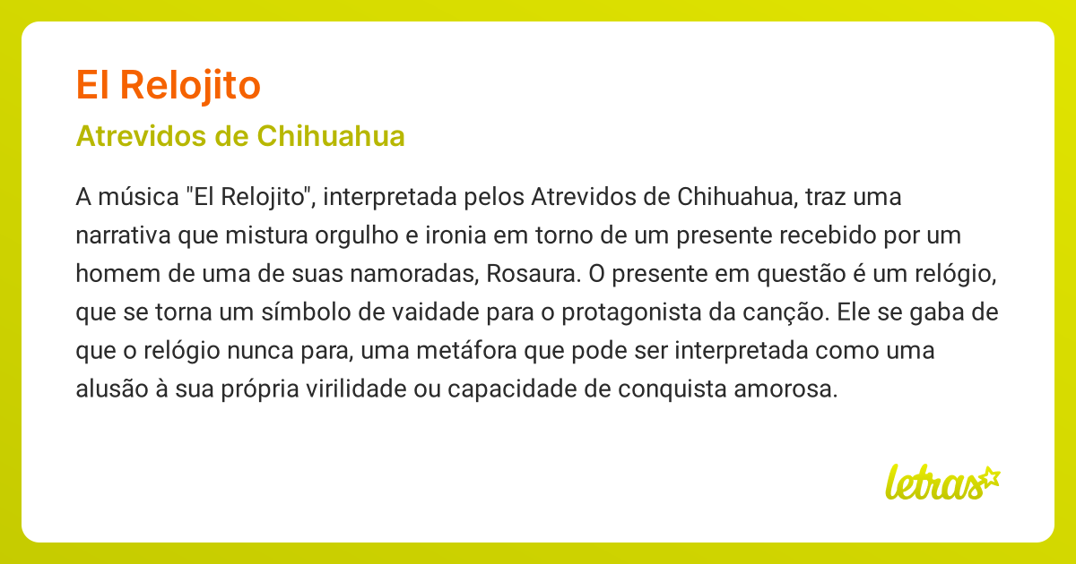 Significado da música EL RELOJITO (Atrevidos de Chihuahua) - LETRAS.MUS.BR