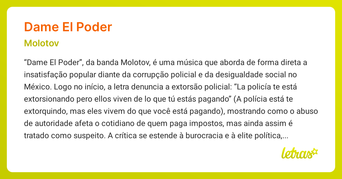 Significado da música DAME EL PODER (Molotov) - LETRAS.MUS.BR