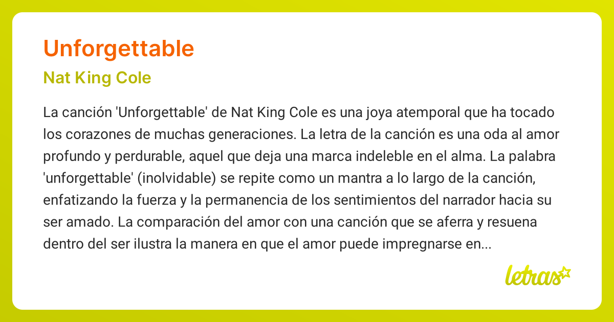 Significado de la canción UNFORGETTABLE (Nat King Cole) - LETRAS.COM