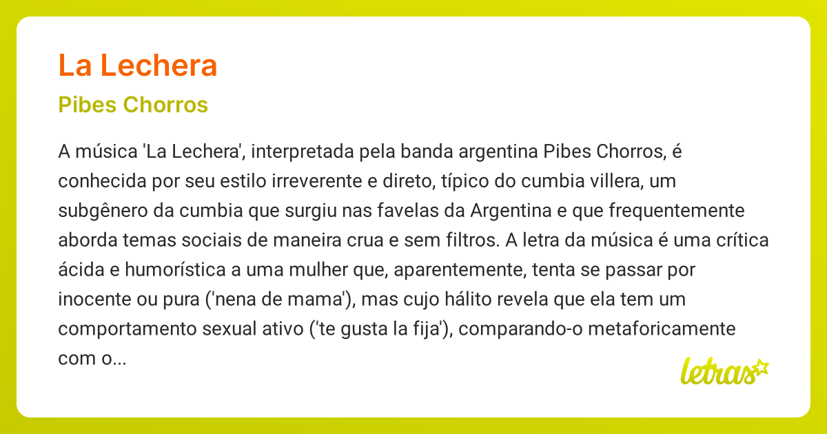 Significado da música LA LECHERA (Pibes Chorros) - LETRAS.MUS.BR