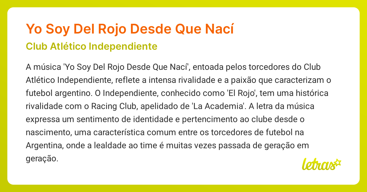 Significado da música Yo Soy Del Rojo Desde Que Nací (Club Atlético ...