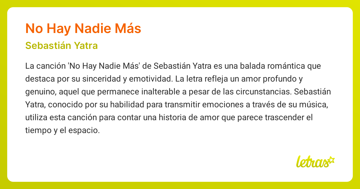 Significado de la canción NO HAY NADIE MÁS (Sebastián Yatra) - LETRAS.COM