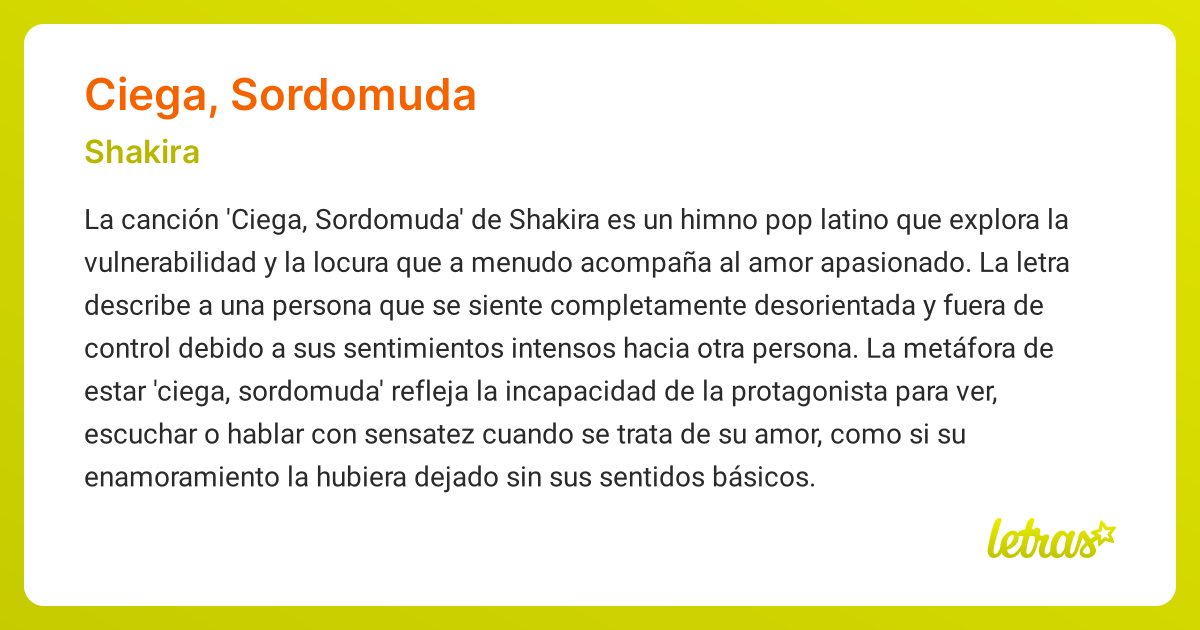 Significado de la canción CIEGA, SORDOMUDA (Shakira) - LETRAS.COM