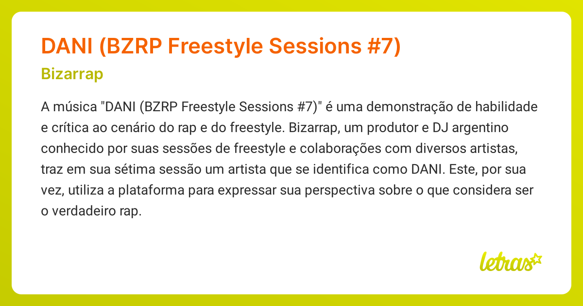 Significado da música DANI (BZRP Freestyle Sessions #7) (Bizarrap) - LETRAS.MUS.BR